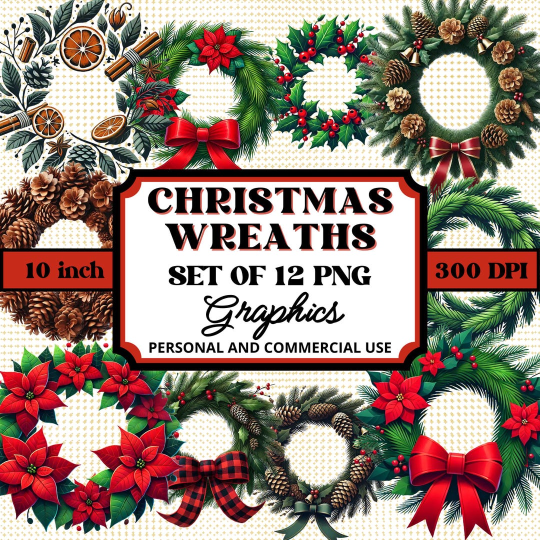 Christmas Wreath Clipart Set, PNG Digital Download for Sublimation ...