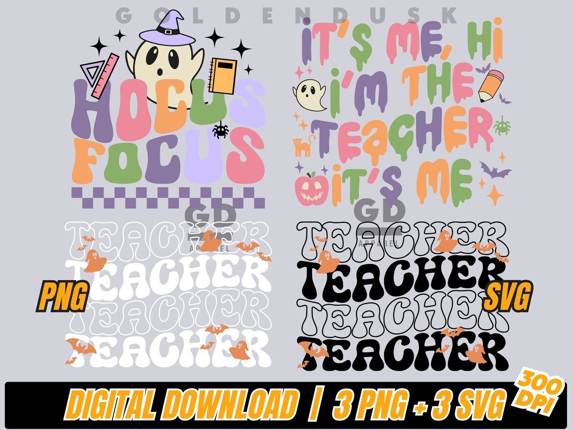 Retro Teacher Png Bundle, Halloween Png Bundle, Halloween Svg, School ...