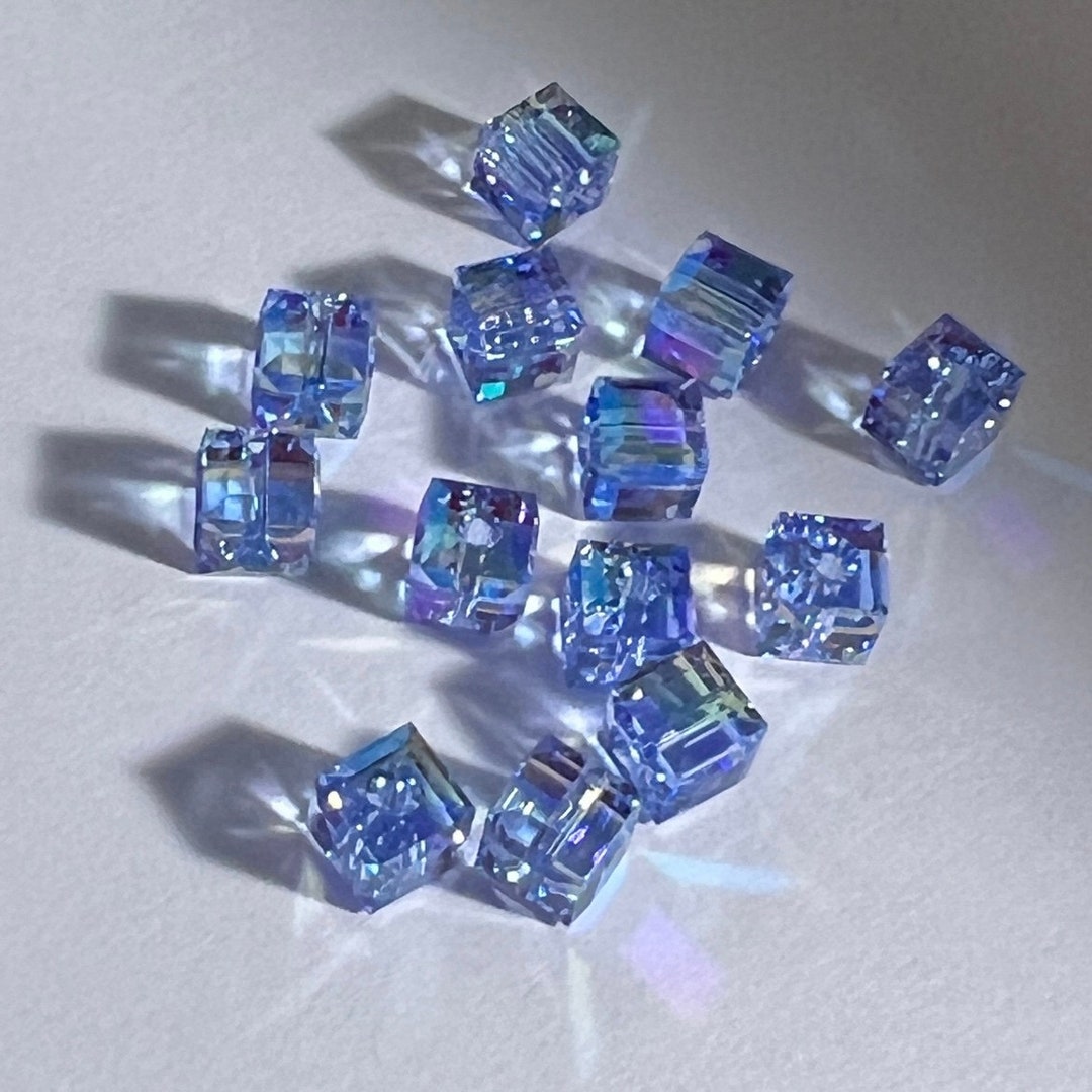 Swarovski Crystal Beads - Blue Cube Crystal Beads - Lt Sapphire Shimmer - Choose 4mm or 6mm ...