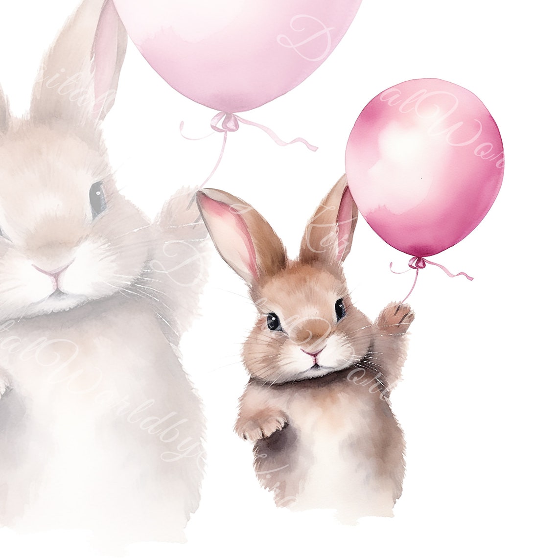 Cute Bunny With Pink Balloon, Clipart Pack, Colorful Artwork, Baby ...