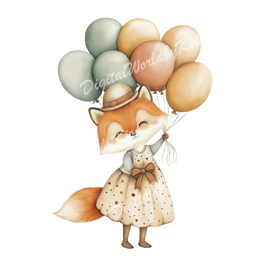 Watercolor Fox Clipart. Baby Girls Cute. Balloons Kids Clip Art ...