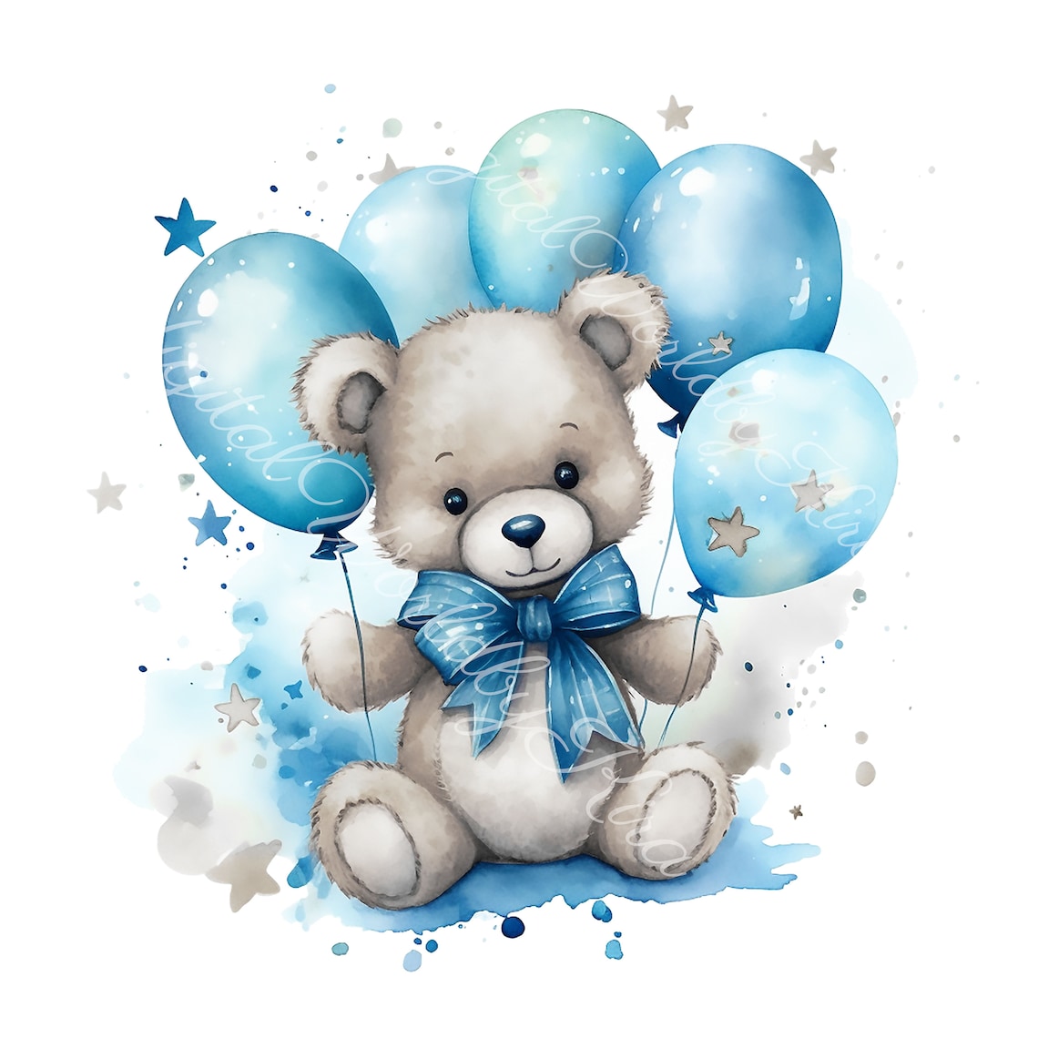 Boho Teddy Bear, Watercolor Bear, Nursery Teddy Bear, Teddy Bear Fly ...