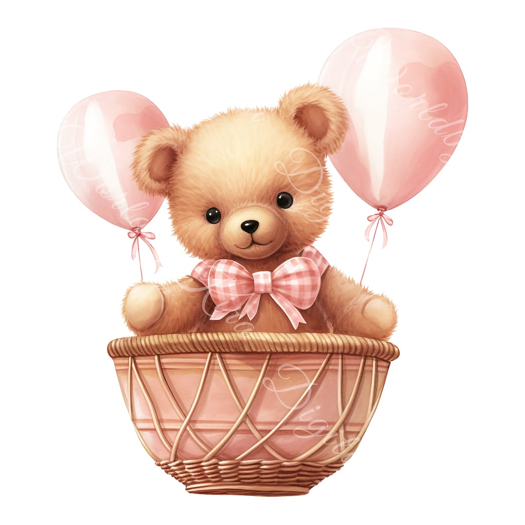 Vintage Teddy Bear, Cute Teddy Clipart, Bear Pink Balloon, Baby Shower ...
