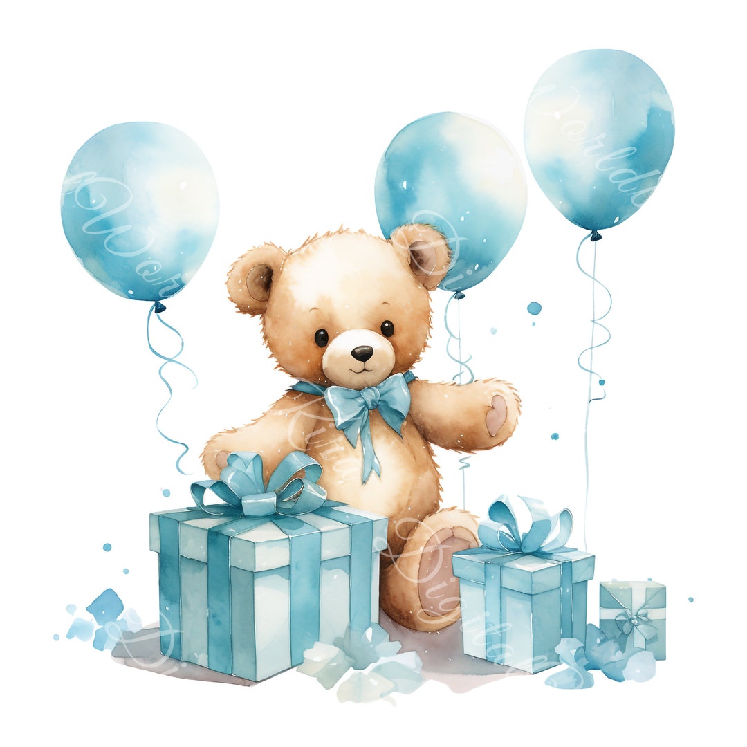 Cute Teddy Clipart, Bear Birthday Balloon, Baby Shower Clipart, Blue ...