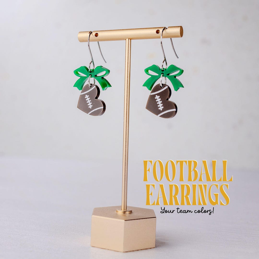 Football Heart Earrings With Bow – Team Color Acrylic Earrings, Game ...