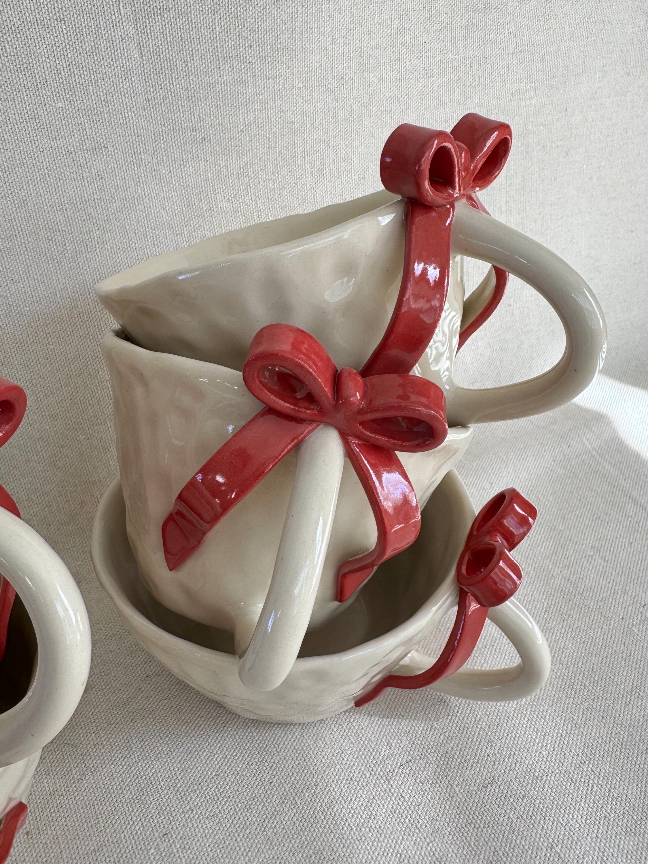 Handmade Ceramic Mug With Bow Pottery Cup Feminine Stoneware Gift for ...