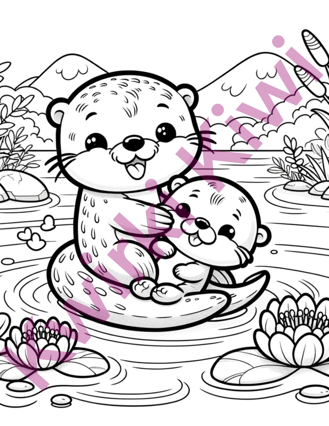 Printable Otter Family Coloring Page Cute Kawaii River Otters PDF for ...