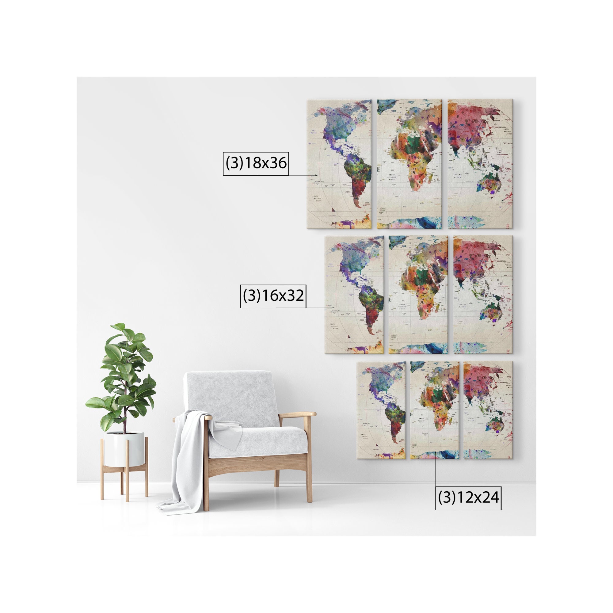 Wall Decor Over the Bedcolored World Map 3 Piece Canvas World - Etsy