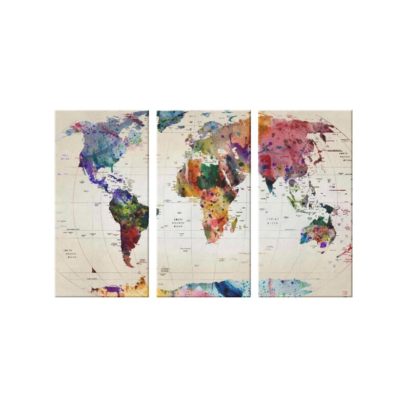 Wall Decor Over the Bedcolored World Map 3 Piece Canvas World - Etsy