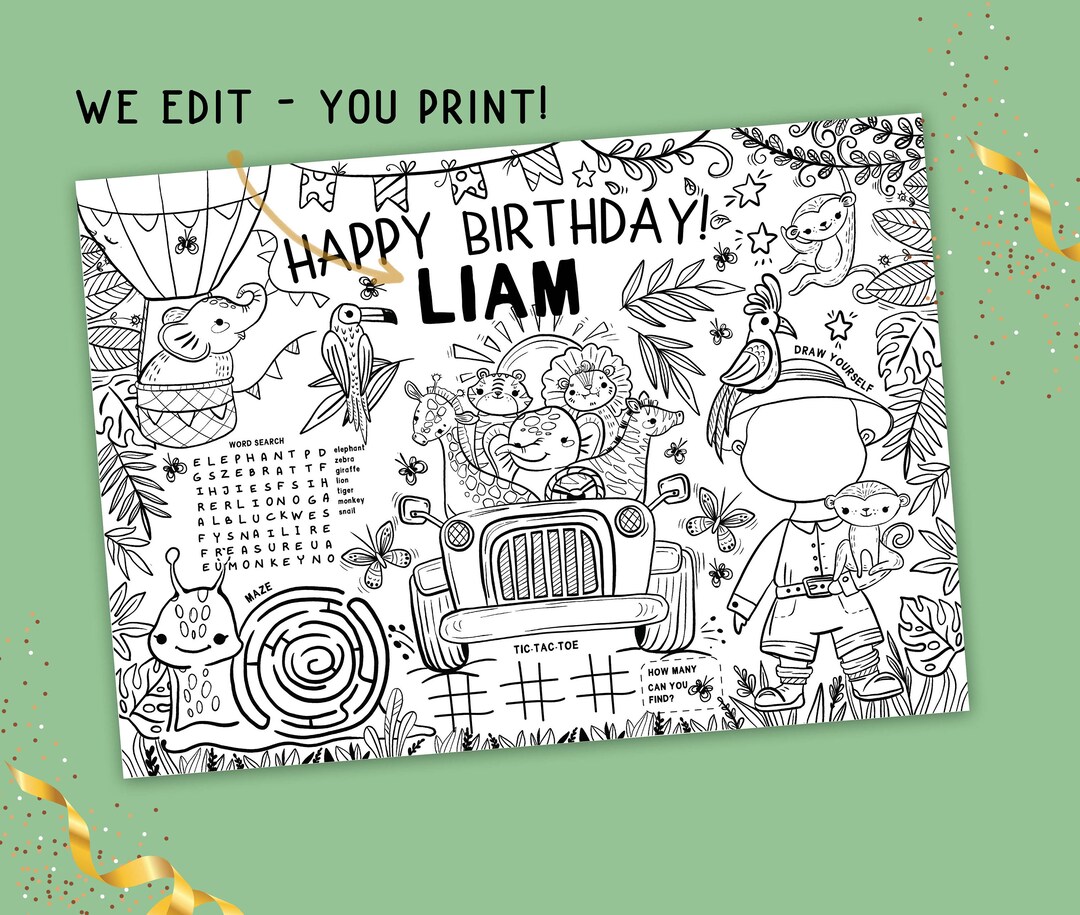 Safari Animals Birthday Coloring Placemat Party Game for Kids Custom ...