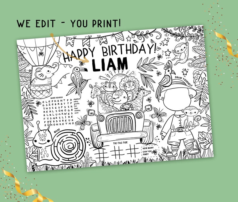 Safari Animals Birthday Coloring Placemat Party Game for Kids Custom ...