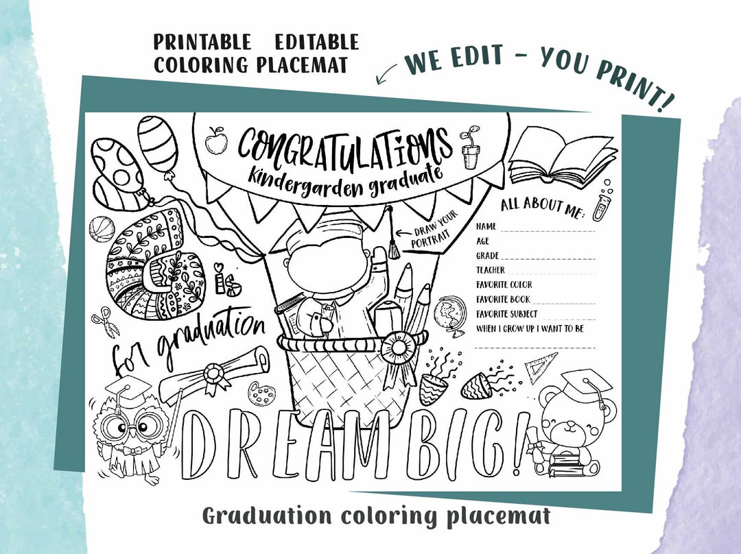 Graduation Coloring Placemat Grad Party Game Kids Toddler Activity ...