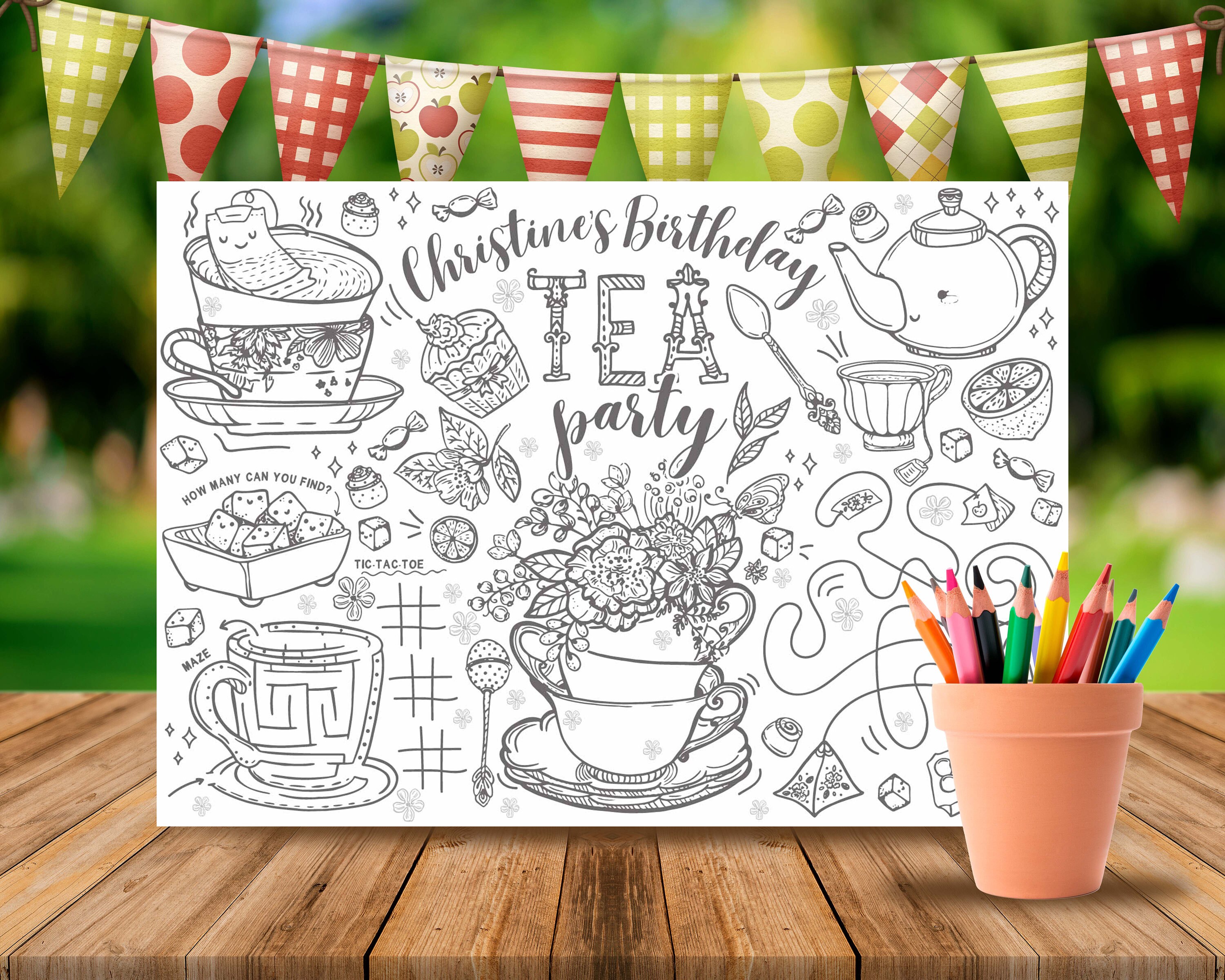 Tea Party Coloring Placemat, Personalized Name Tea Time, Printable ...