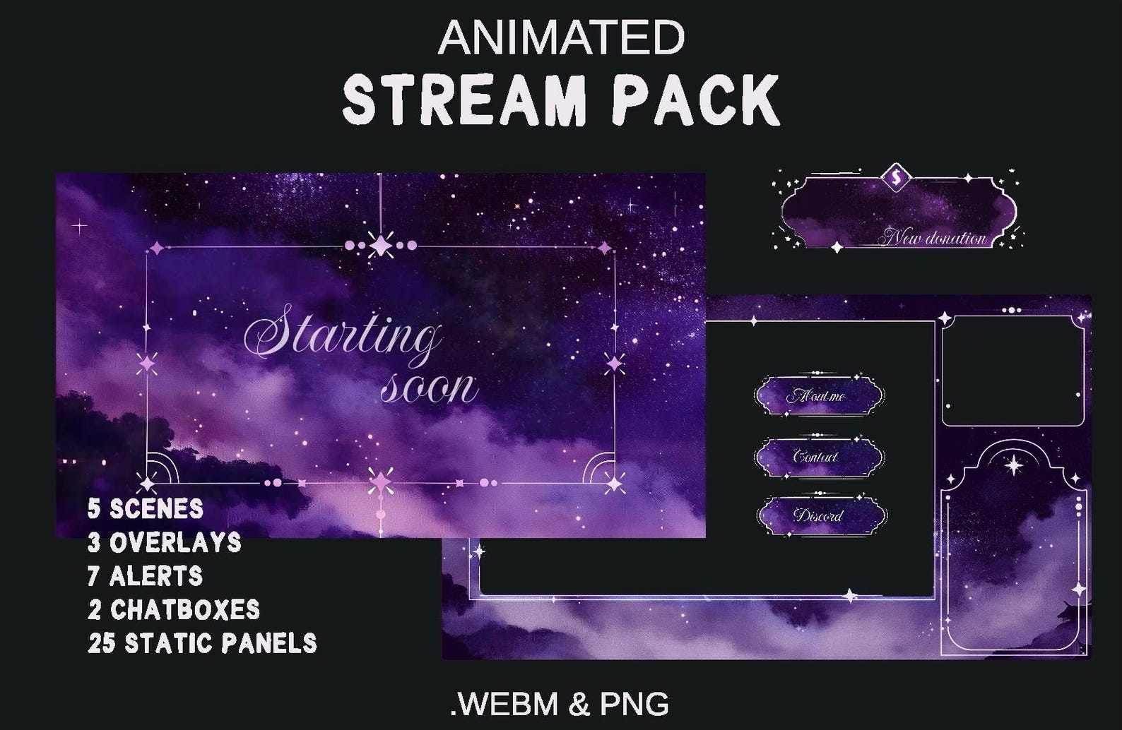 Animated Galaxy Stream Overlay: Purple Twitch Vtuber Bundle (digital ...
