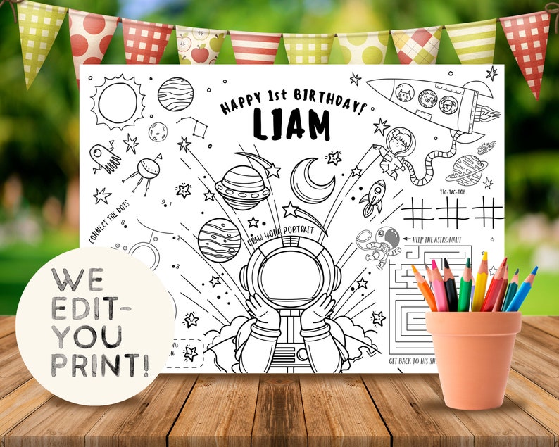 PRINTABLE Space Coloring Placemat 1st Year Around the Sun Birthday ...
