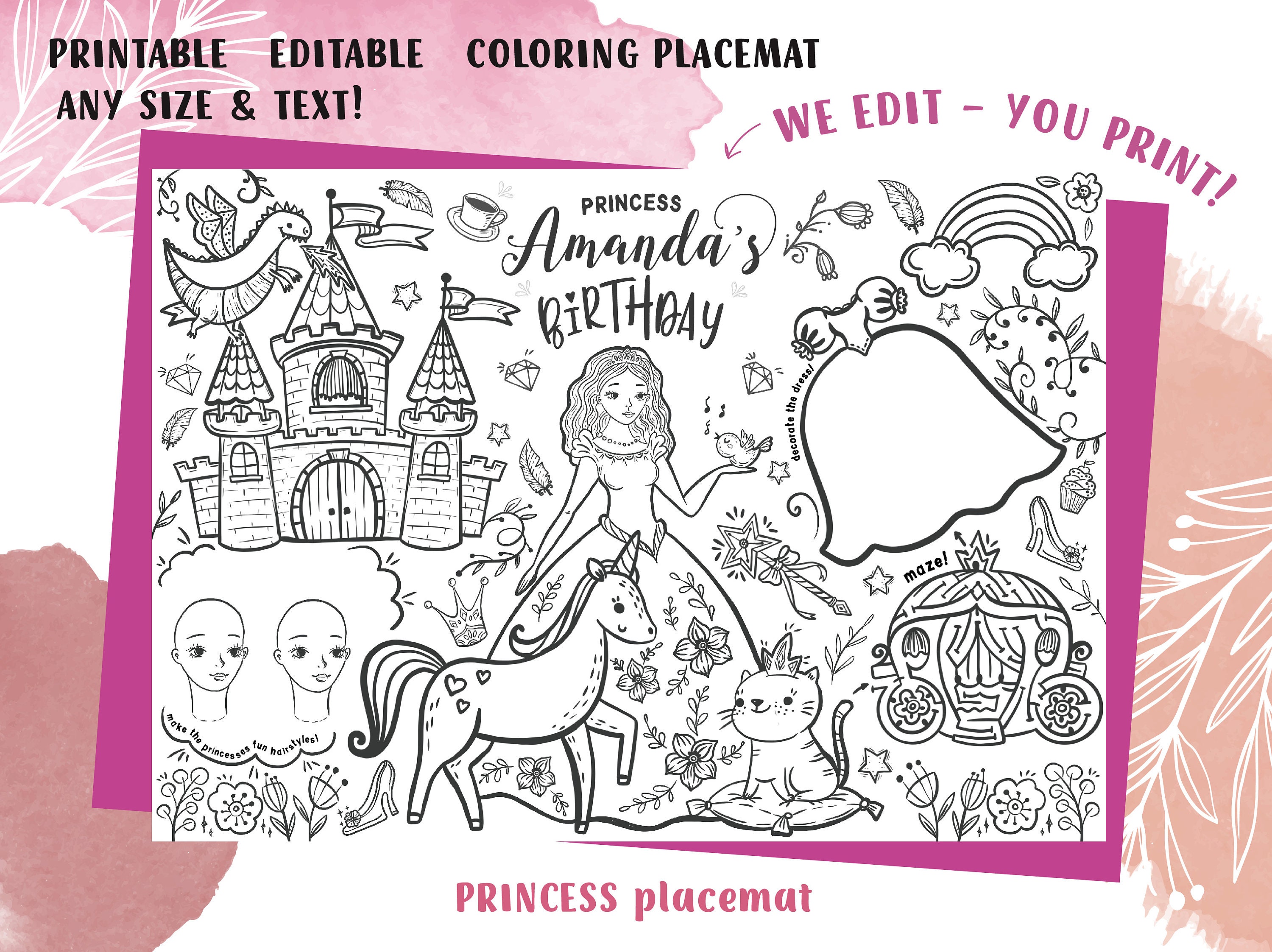 Printable Princess Coloring Placemat Party Birthday Activity Sheet ...