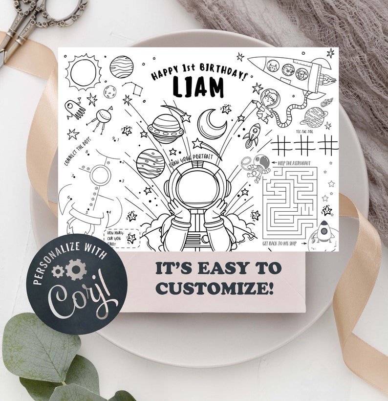 PRINTABLE Space Coloring Placemat 1st Year Around the Sun Birthday ...