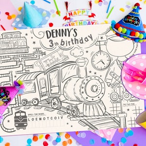 Train Coloring Placemat Toddler Birthday Custom Kids Activity Sheet ...