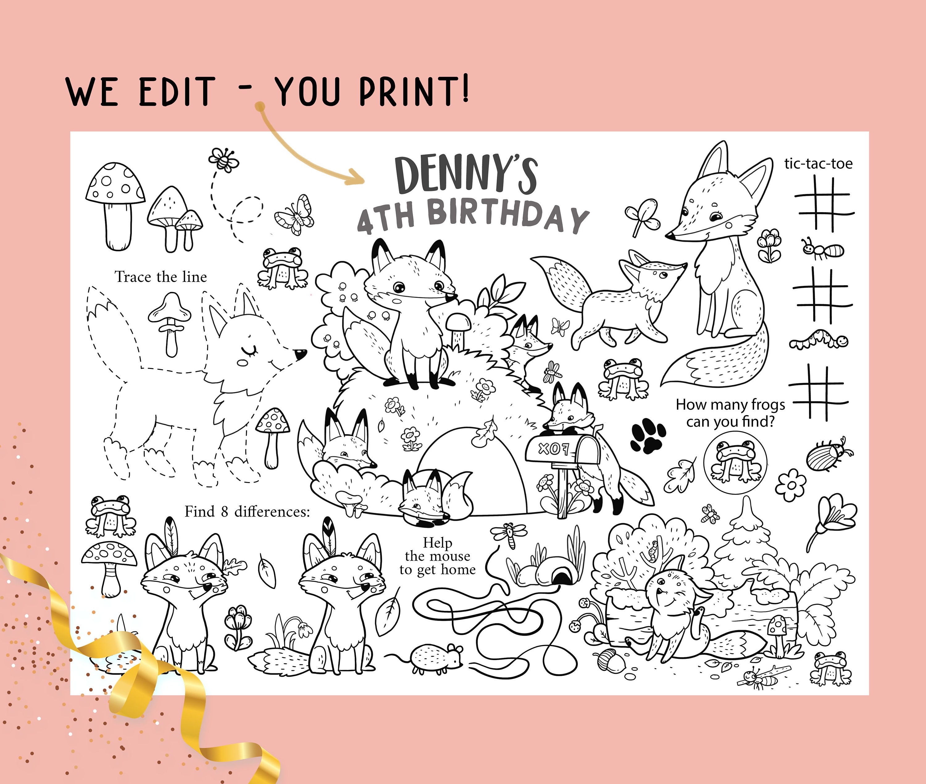 Fox Coloring Placemat,printable Birthday Party Game, Personalized ...