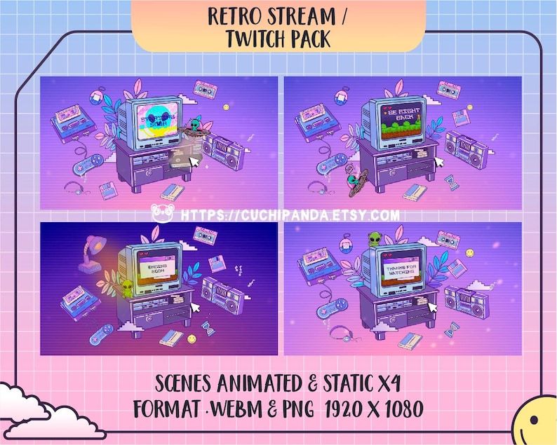 Retro Twitch Stream Pack: Animated Overlays, Panels, Alerts - Etsy