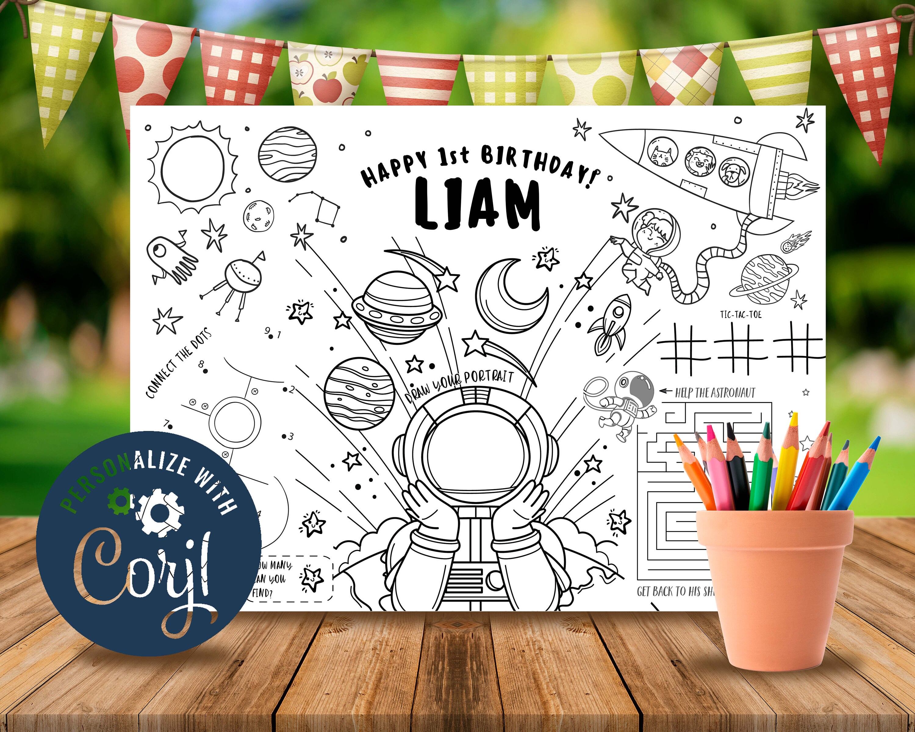 PRINTABLE Space Coloring Placemat 1st Year Around the Sun Birthday ...