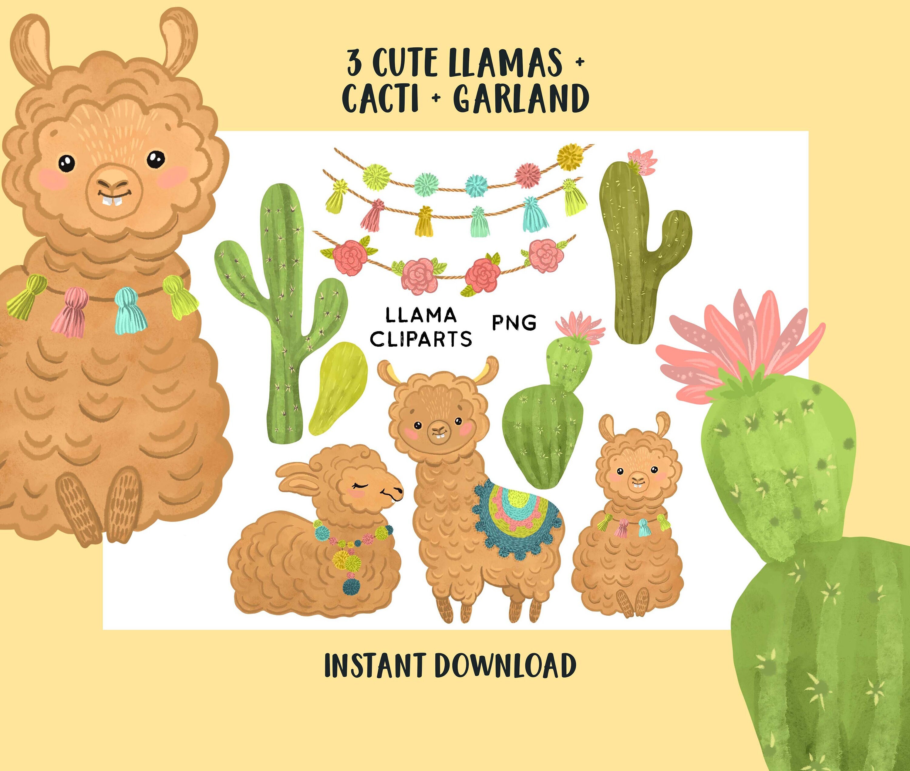 Llamas Clipart PNG Instant Download Alpacas Cacti Party Commercial Use ...