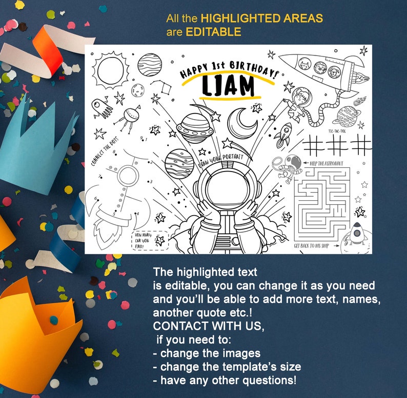 PRINTABLE Space Coloring Placemat 1st Year Around the Sun Birthday ...