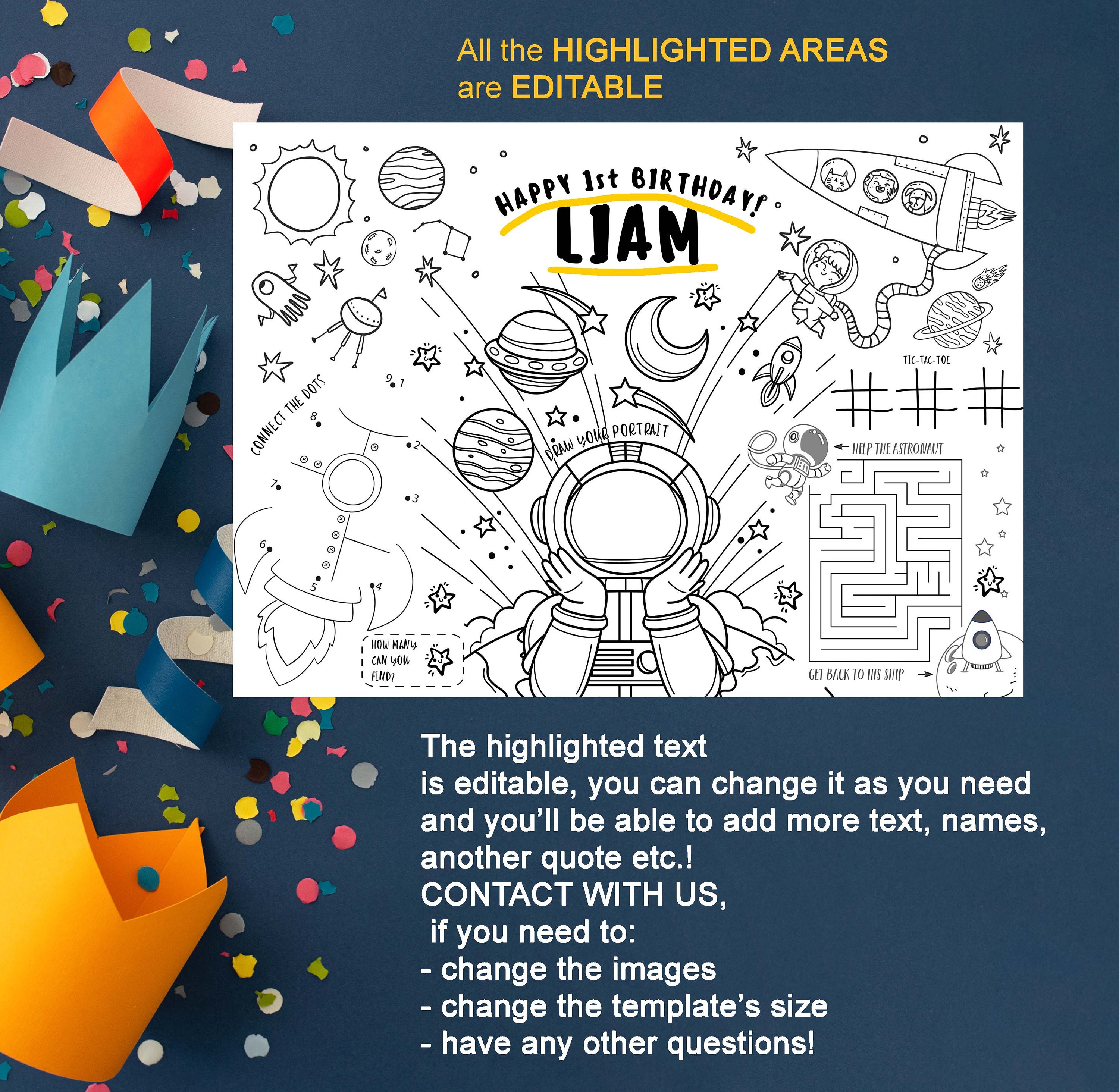 PRINTABLE Space Coloring Placemat 1st Year Around the Sun Birthday ...