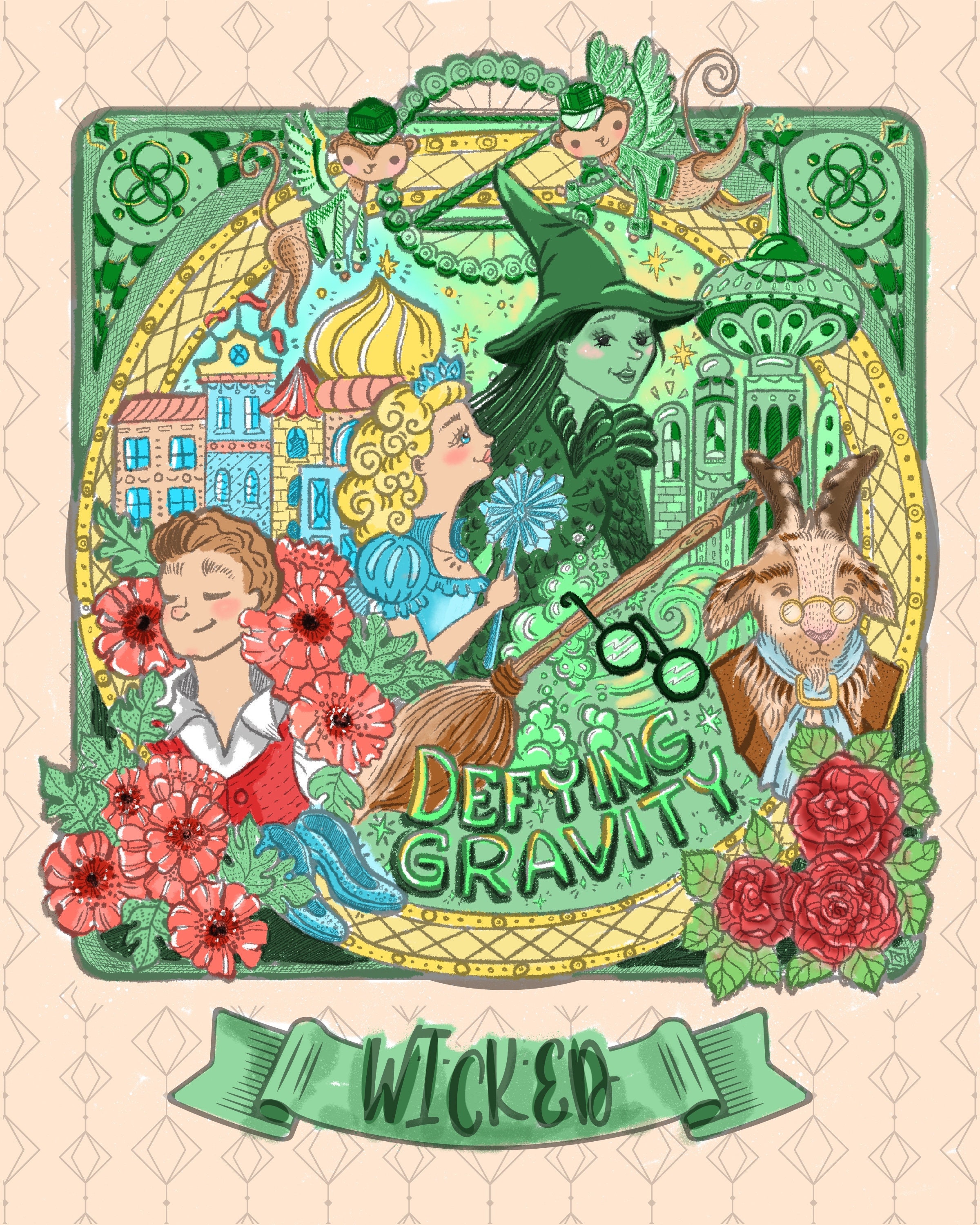Wicked Musical Coloring Page Poster Glinda and Elphaba Wall Art Gift ...