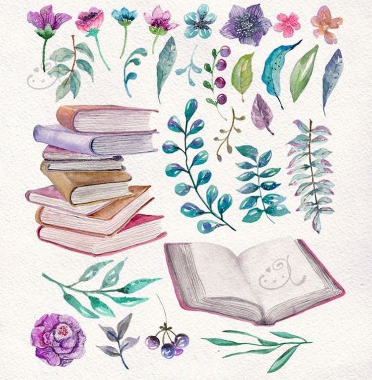 Books Clipart Flowers Reading Lovers Bookworms Watercolor Florals ...