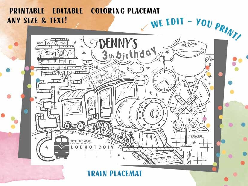 Train Coloring Placemat Toddler Birthday Custom Kids Activity Sheet ...