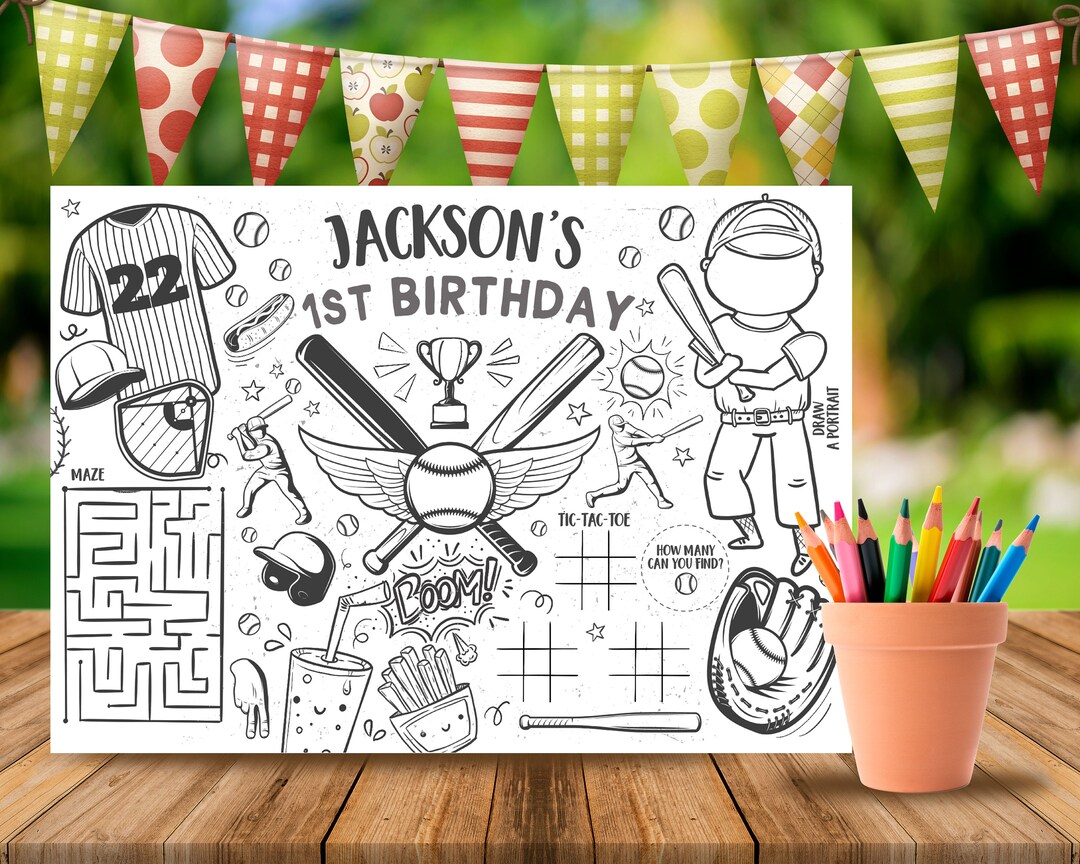Baseball Personalized Coloring Placemat Player 1st Birthday Party ...