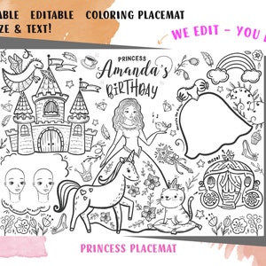 Printable Princess Coloring Placemat Party Birthday Activity Sheet ...