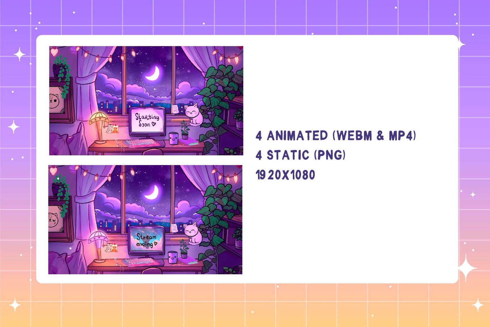 Purple Kawaii Cat Twitch Stream Overlay Pack: Animated Cozy Night Lofi ...