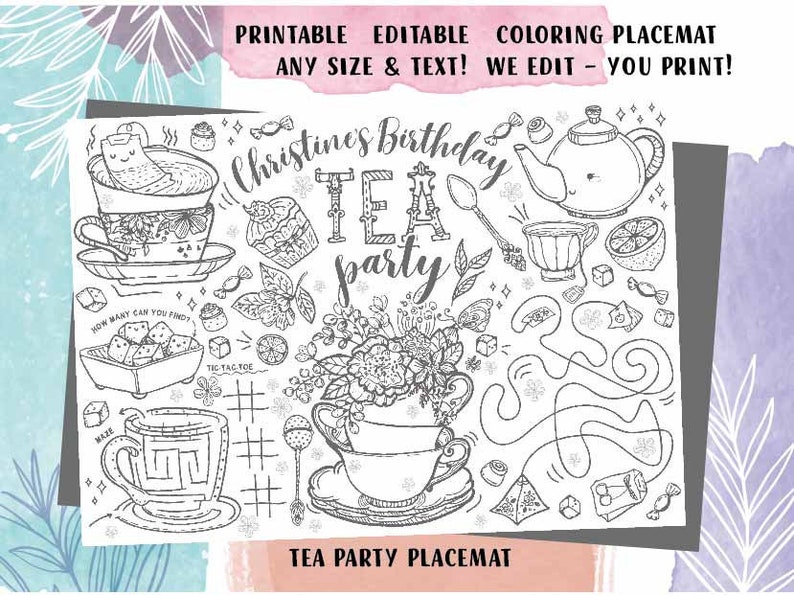 Tea Party Coloring Placemat, Personalized Name Tea Time, Printable ...