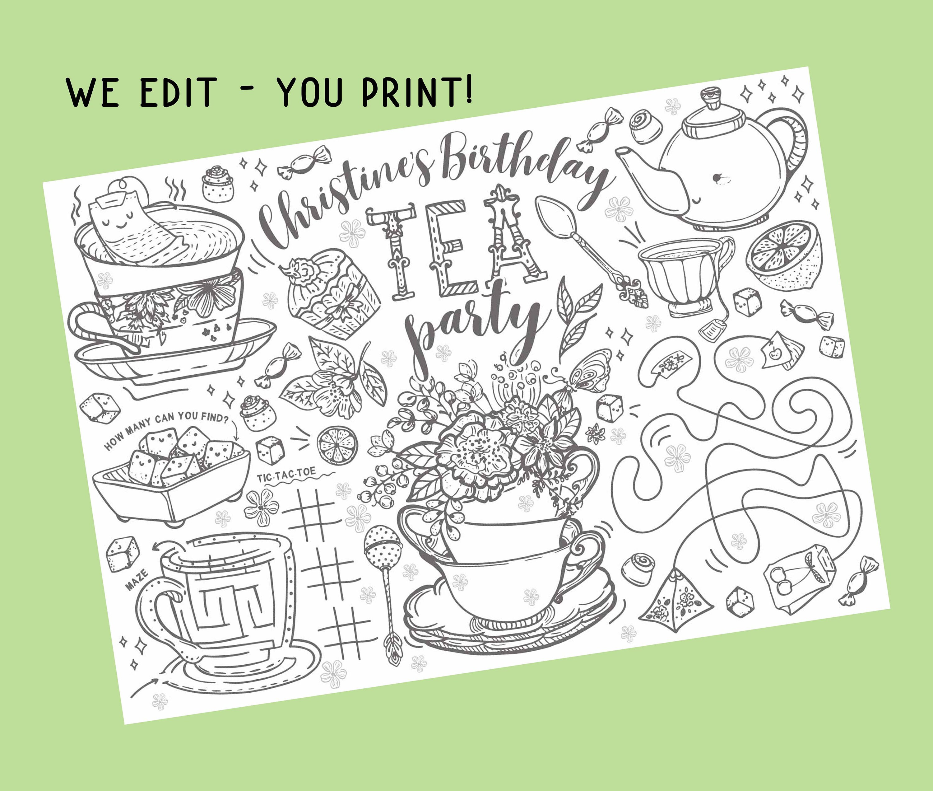 Tea Party Coloring Placemat, Personalized Name Tea Time, Printable ...