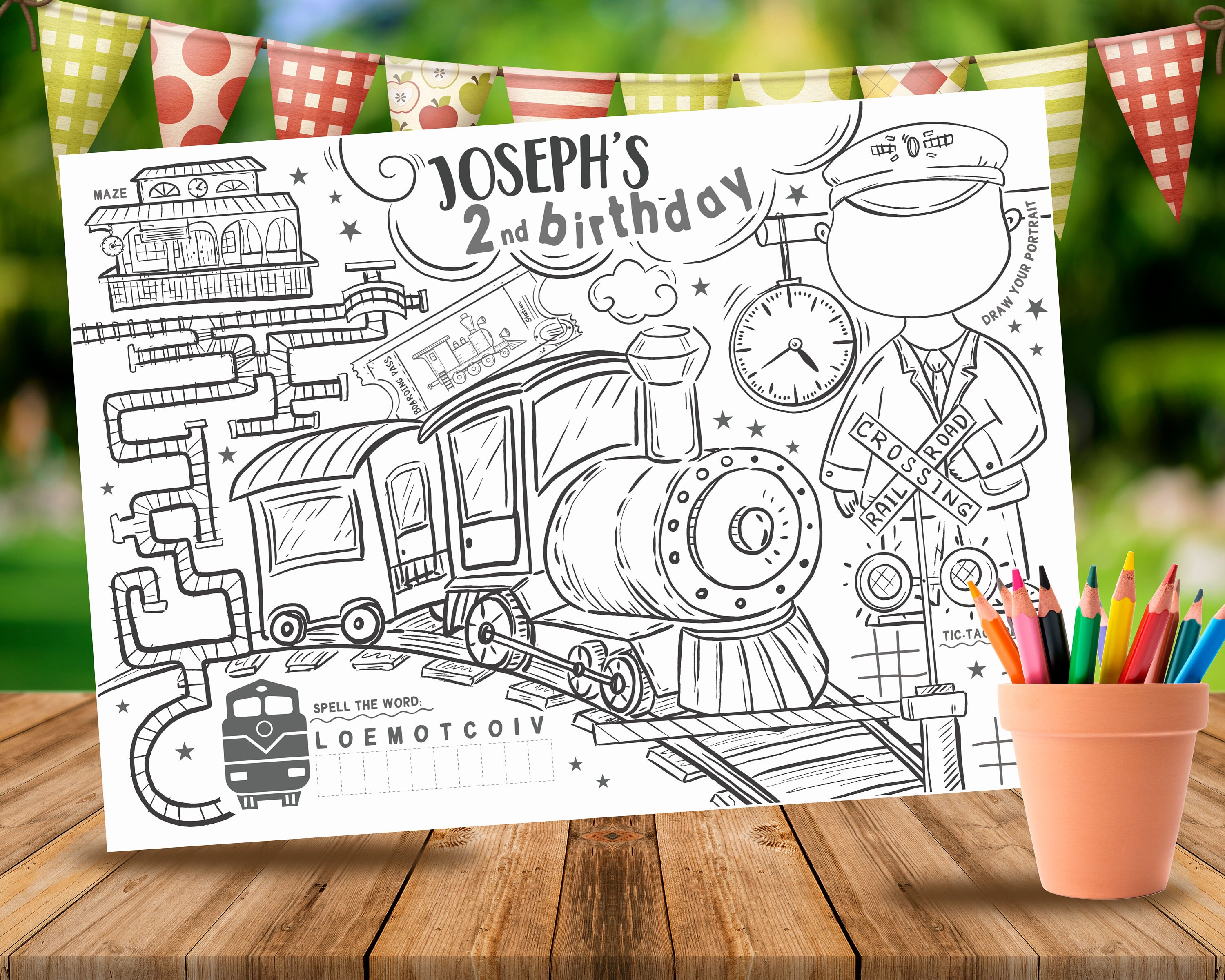 Train Coloring Placemat Toddler Birthday Custom Kids Activity Sheet ...