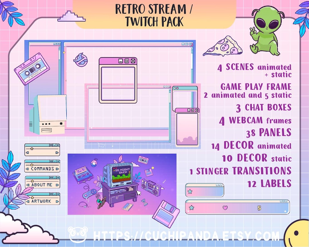 Twitch Pack, Animated Overlays, Panels, Alert, Stream Decor, Retro ...