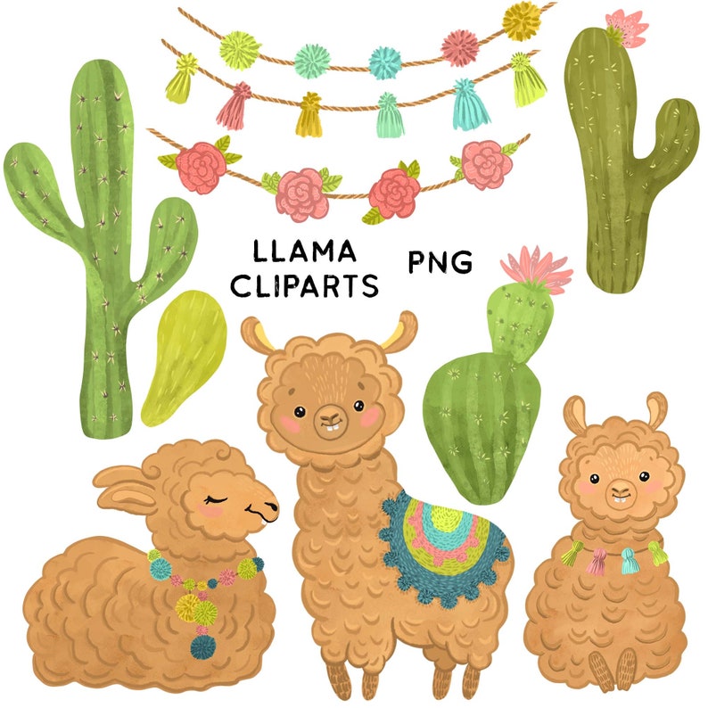 Llamas Clipart PNG Instant Download Alpacas Cacti Party Commercial Use ...