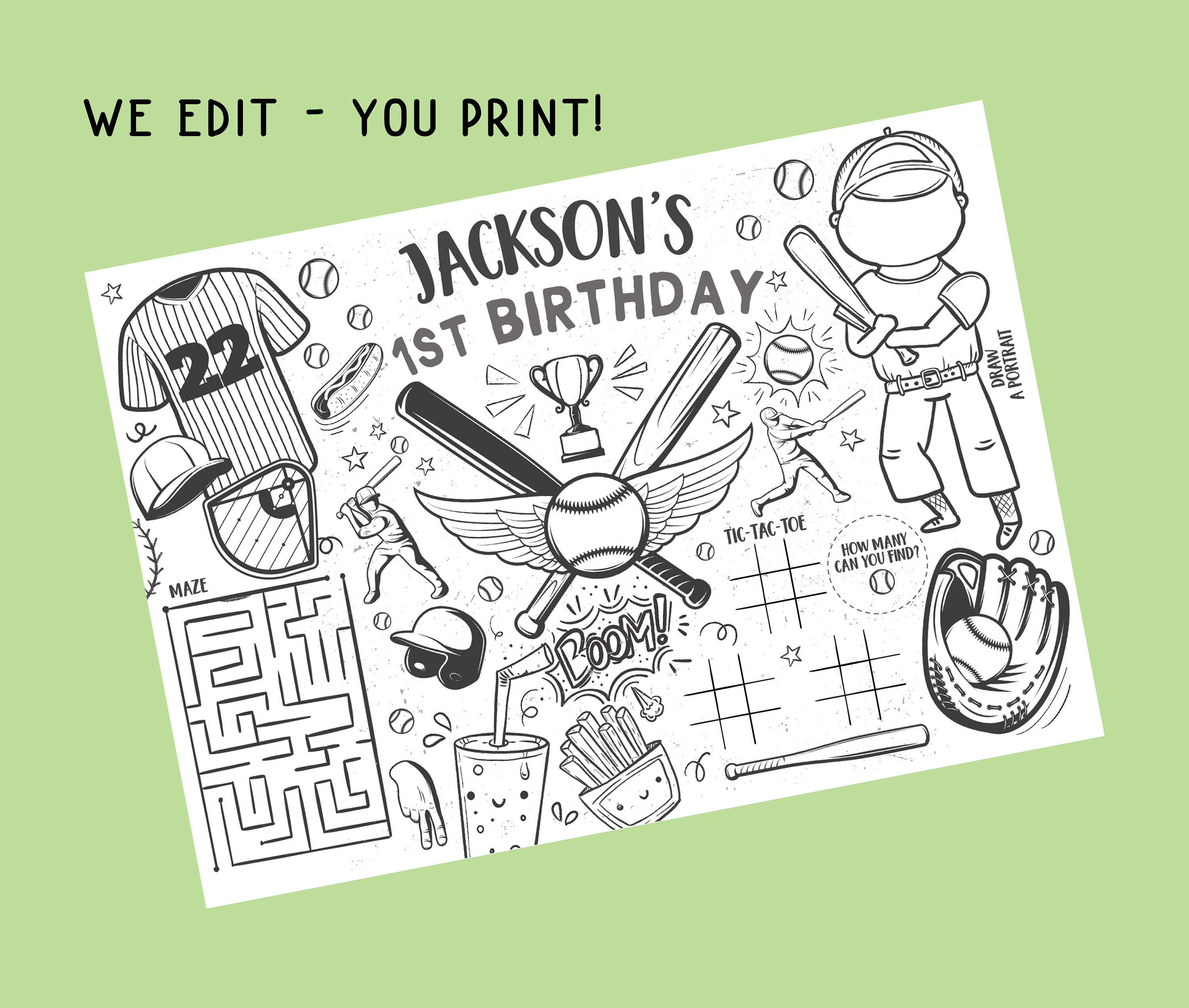 Baseball Personalized Coloring Placemat Player 1st Birthday Party ...