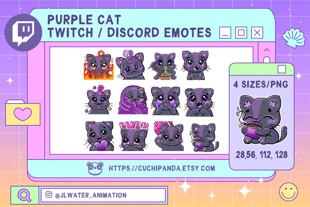 Cute Cat Twitch Emote Pack 12x, Discord Kitten Purple Emote, Gaming ...