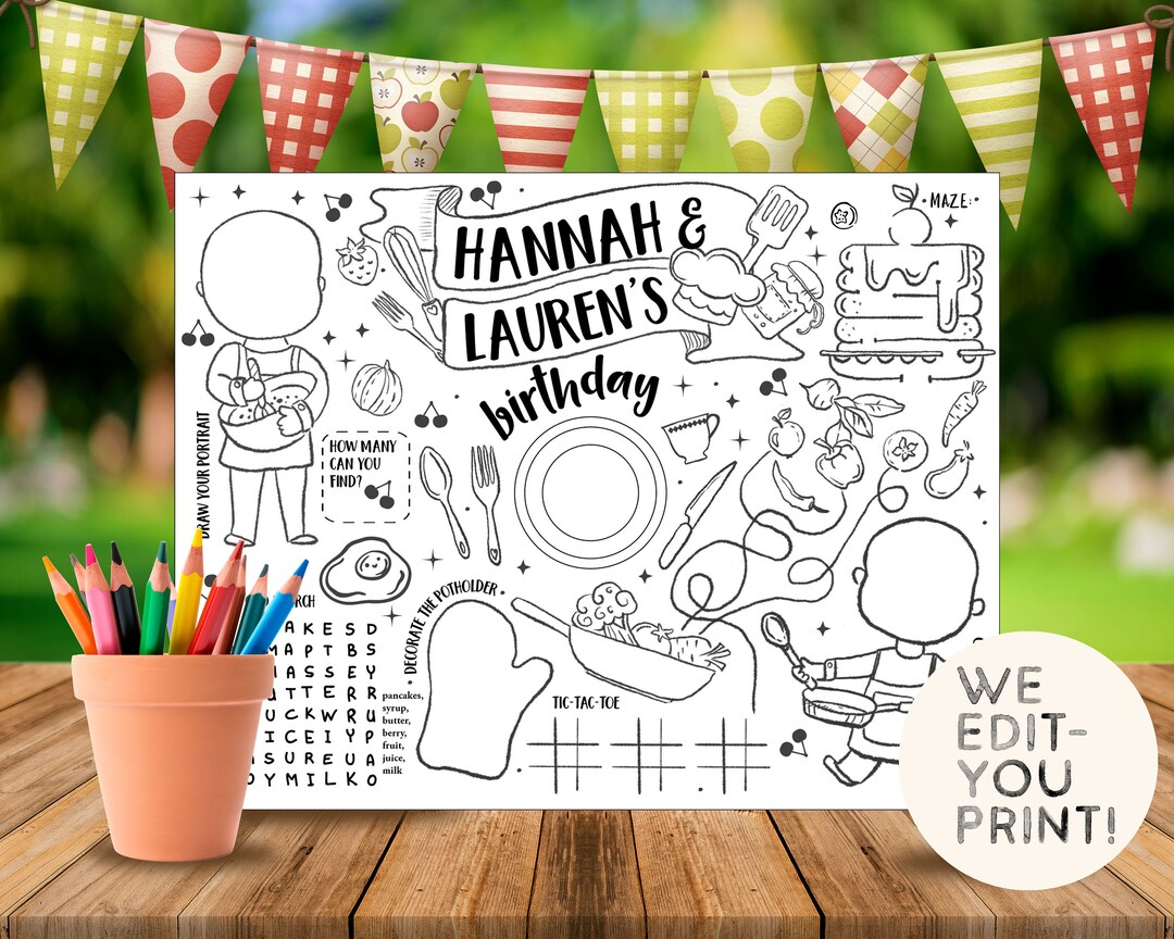 Cooking Birthday Party Twins Coloring Placemat Cook Play Birthday ...