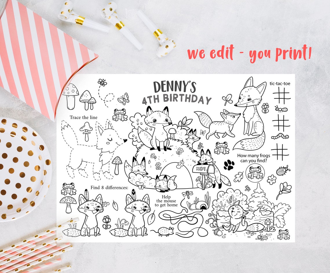 Fox Coloring Placemat,printable Birthday Party Game, Personalized ...