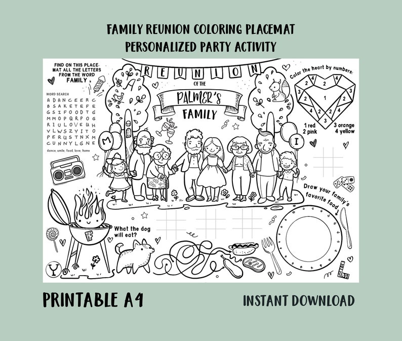 Family Reunion Game Party Coloring Placemat Custom Name Printable ...