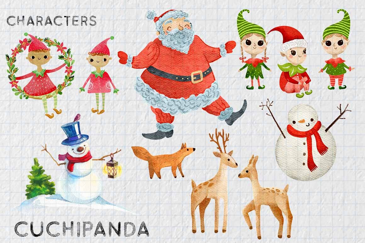 Christmas Clipart Elf Santa Claus Trees Winter Holidays Watercolor PNG ...
