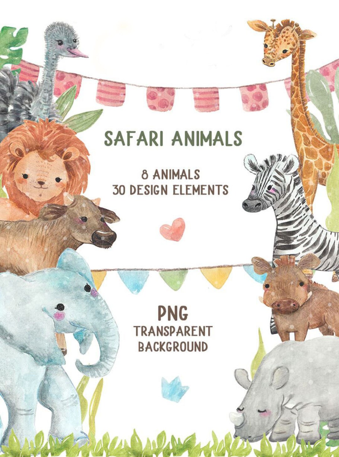 Safari Animals Cute Wild Watercolor Thing Clipart Bundle Elephant Zebra ...