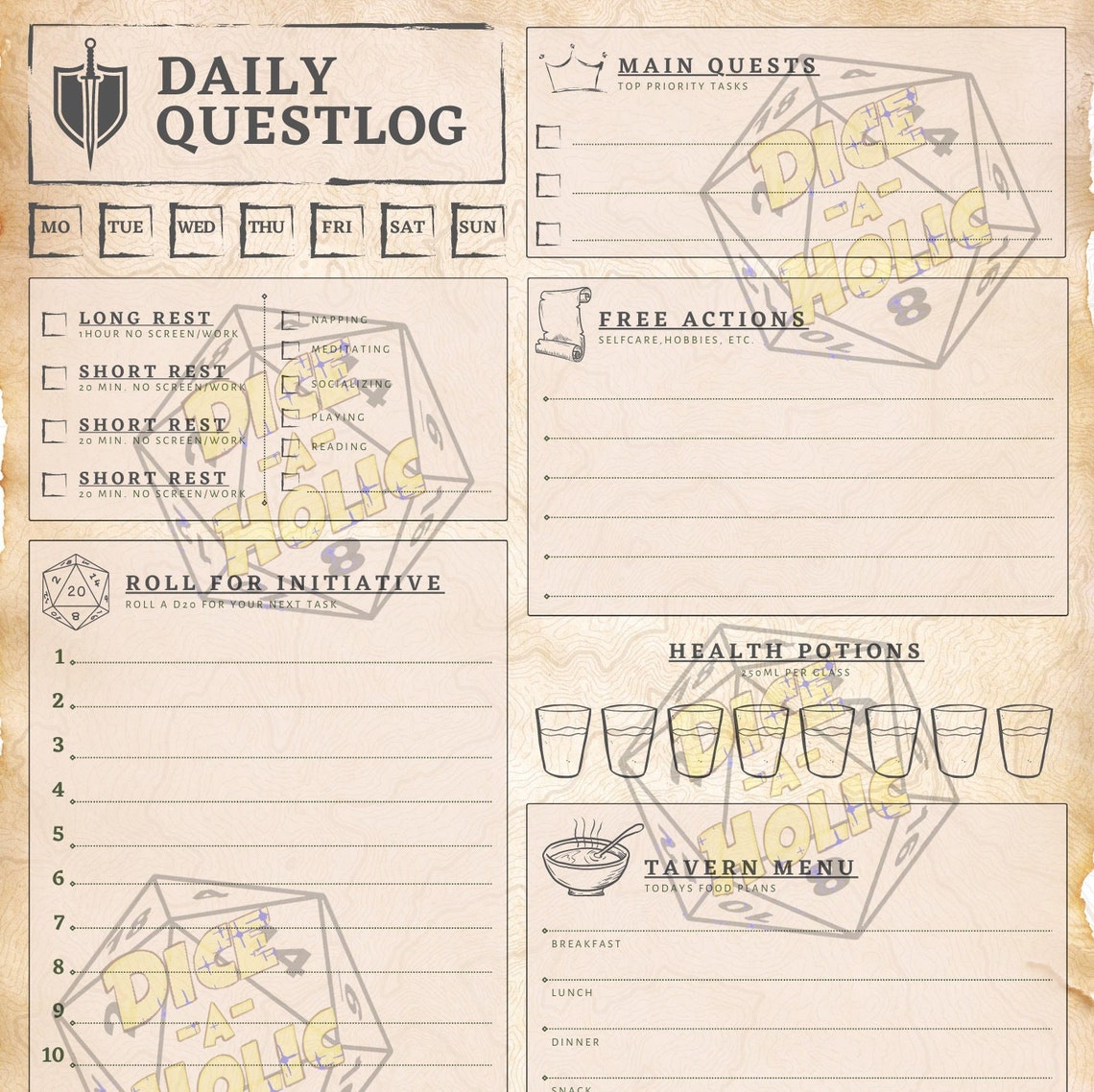 Daily To-do Questlog | Printable | Meal Planner | Water Intake ...