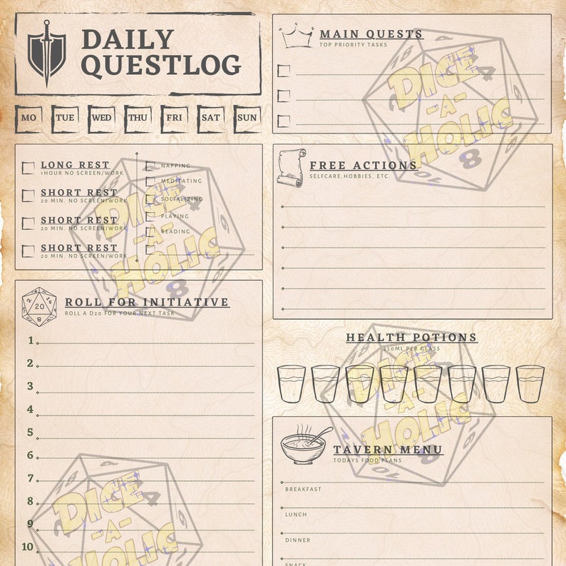 Daily To-do Questlog | Printable | Meal Planner | Water Intake ...