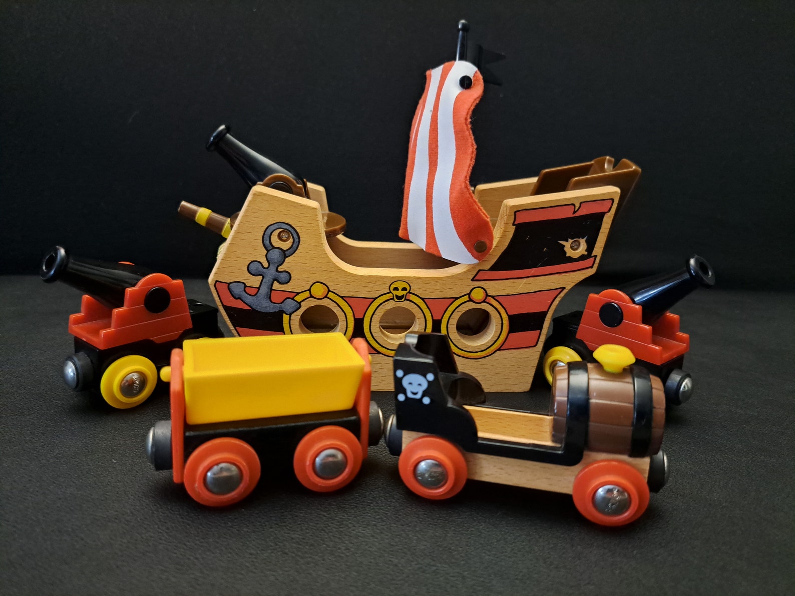 BRIO Rare Wooden PIRATE Ship & Trains Lot Imaginarium BRIO Pirate Wood ...
