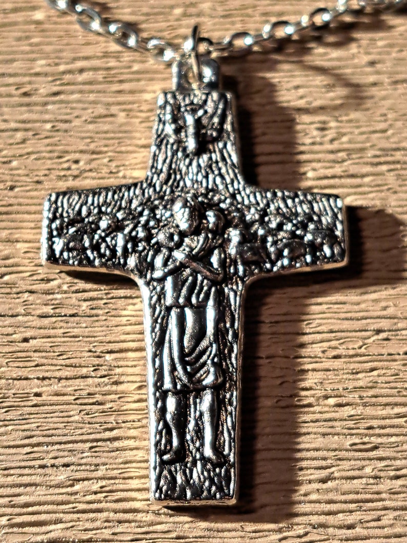 Christian Cross Necklace Pewter Crucifix COMMUNION Gift Chain Catholic Sheppard & Sheep Dove ...